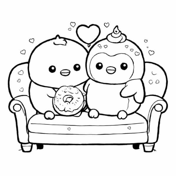 Download Cute Birds on Couch with Donut Coloring pages Online ...