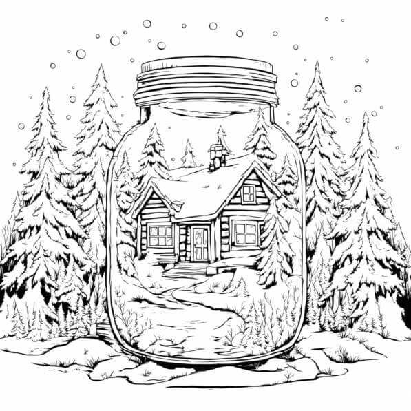 Download Winter Cabin in a Jar Coloring pages Online - Creative Fabrica