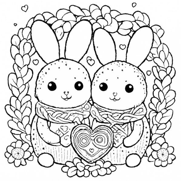 Download Two Bunnies Holding a Heart Cookie Coloring pages Online ...