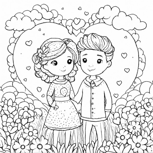 Download Cute Couple in Heart Frame Coloring pages Online - Creative ...
