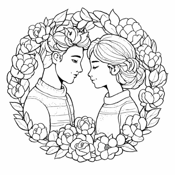 Descarga Ilustración de Dos Figuras Rodeadas de Flores Páginas para ...