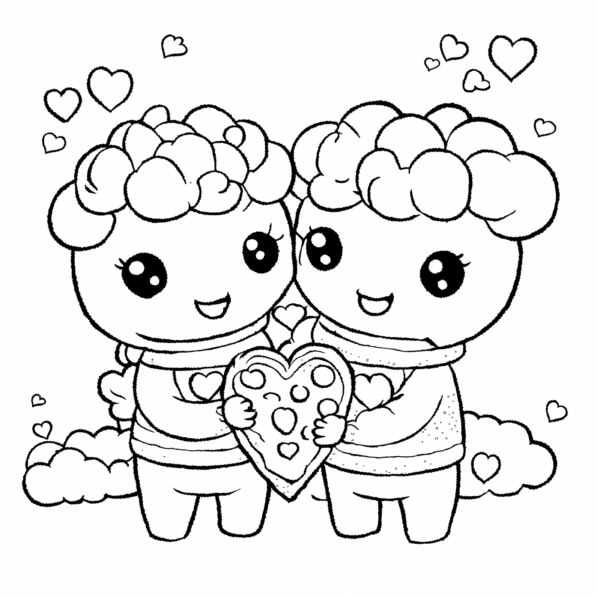 Download Cute Characters Holding a Heart-Shaped Cookie Coloring pages ...