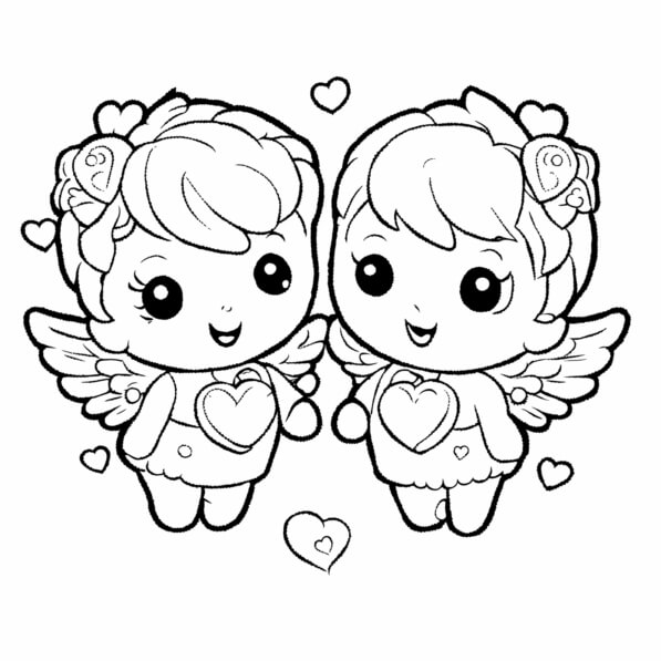 Download Two Cute Angels with Hearts Coloring pages Online - Creative ...