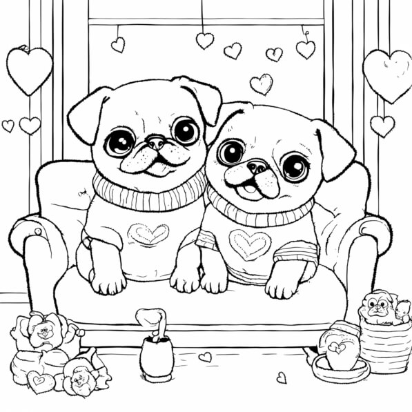Download Two Pugs on a Couch with Heart Decorations Coloring pages ...
