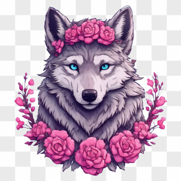 Download Majestic Wolf with Pink Roses Cartoons Online - Creative Fabrica