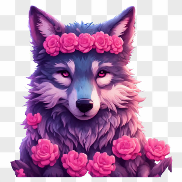 Download Whimsical Wolf with Pink Roses Cartoons Online - Creative Fabrica