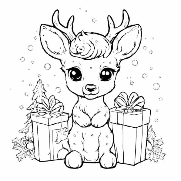 Download Cute Cartoon Deer with Christmas Presents Coloring pages ...