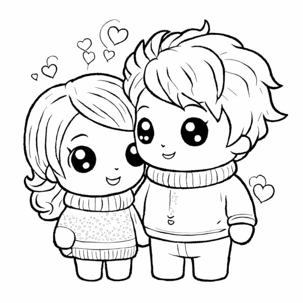 Download Cute Couple Illustration with Hearts Coloring pages Online ...