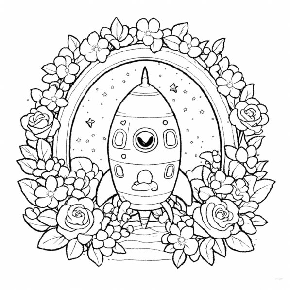 Download Whimsical Rocket Ship Surrounded by Flowers Coloring pages ...