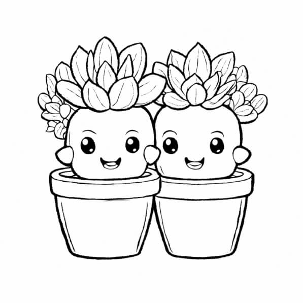 Download Two smiling potted plants Coloring pages Online - Creative Fabrica