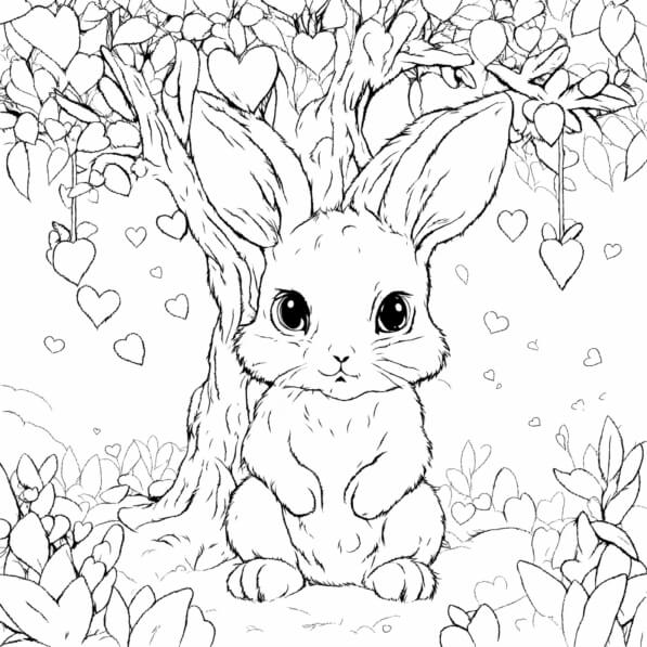 Download Cute Rabbit with Heart-Shaped Tree Coloring pages Online ...