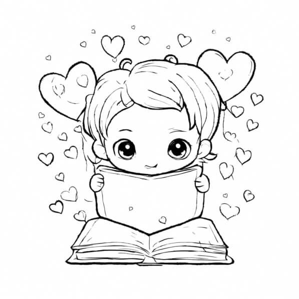 Download Cute Child Reading a Book Surrounded by Hearts Coloring pages ...