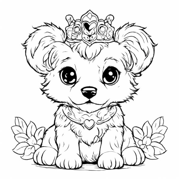 Download Cute Puppy with Crown and Flowers Coloring pages Online ...