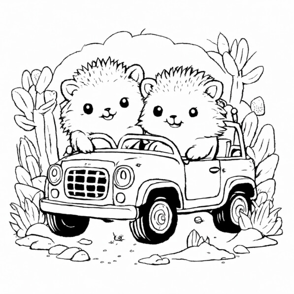 Download Two Hedgehogs Driving a Vintage Car Coloring pages Online ...
