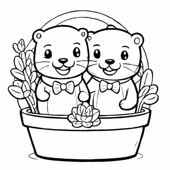 Download Cute Cartoon Otters in a Flower Pot Coloring pages Online ...