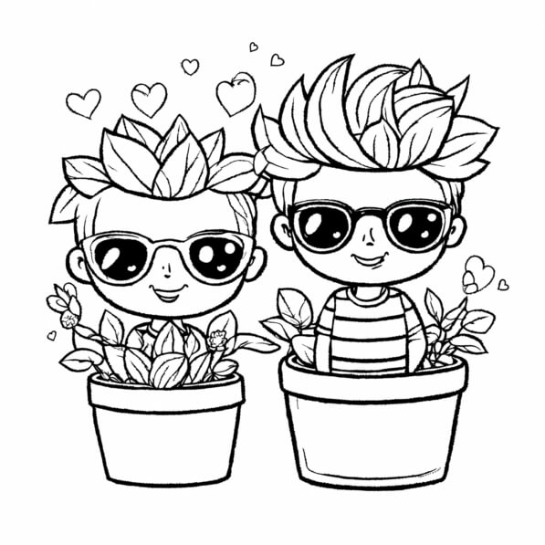 Download Two Boys in Flower Pots Coloring pages Online - Creative Fabrica