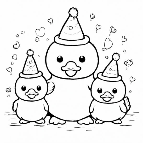 Download Three Cartoon Ducks Celebrating with Party Hats Coloring pages ...