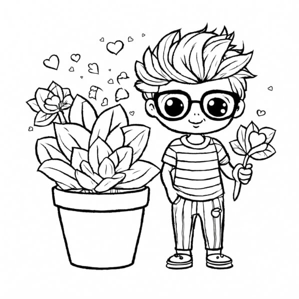 Download Boy with Flower and Potted Plant Coloring pages Online ...