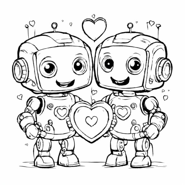 Download Cute Cartoon Robots Holding a Heart Coloring pages Online ...