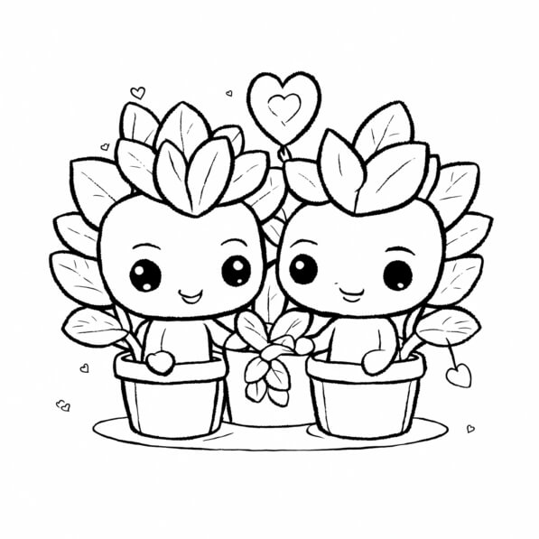 Baixe Personagens de Plantas Fofo em Vasos com Corações Colorir páginas ...