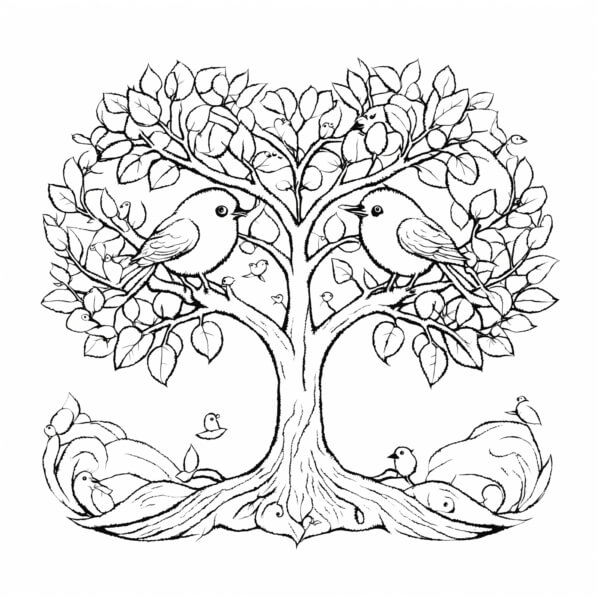 Download Illustrated Tree with Birds Coloring pages Online - Creative ...