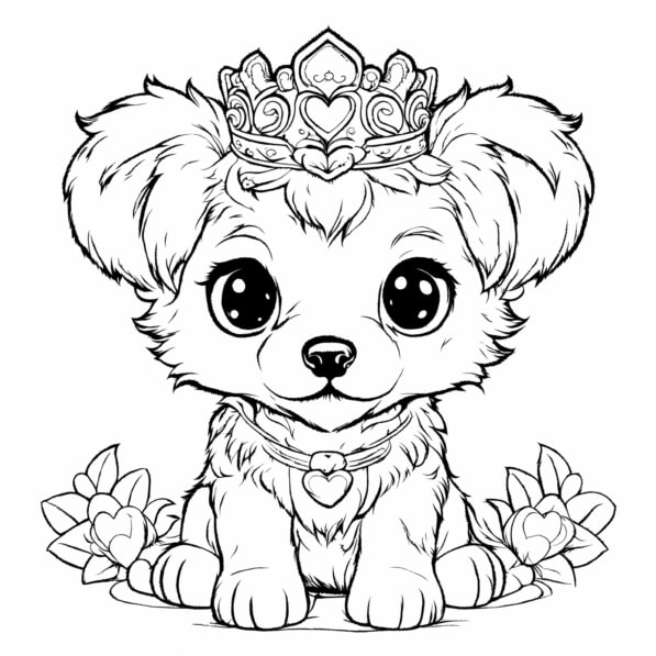 Download Cute Puppy with Crown and Flowers Coloring pages Online ...