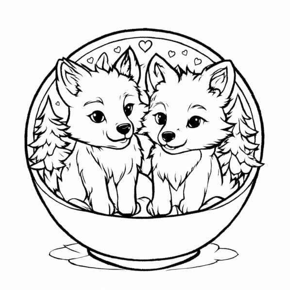 Download Two Fox Pups in a Bowl Coloring pages Online - Creative Fabrica
