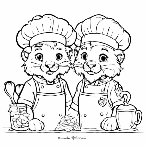 Download Cheerful Chef Lion Cubs Coloring pages Online - Creative Fabrica