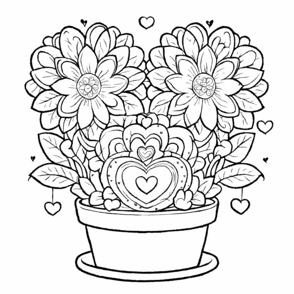 Download Heart-Shaped Flower Pot with Floral Design Coloring pages ...