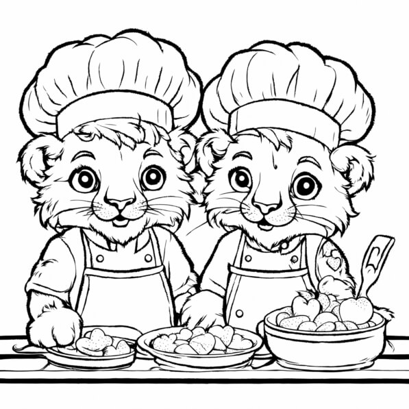 Download Two Lion Cubs as Chefs Preparing Food Coloring pages Online ...