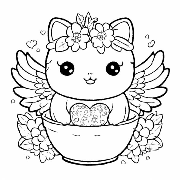 Download Cute Angelic Kitten with Heart Flowers Coloring pages Online ...