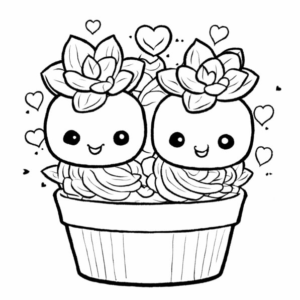 Download Cute Succulent Characters in a Pot with Hearts Coloring pages ...