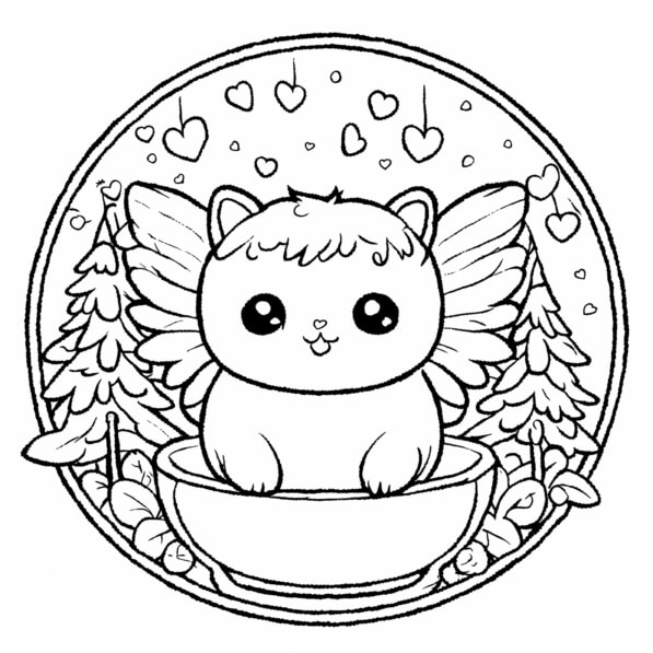 Download Cute Winged Cat in a Bowl with Trees and Hearts Coloring pages ...