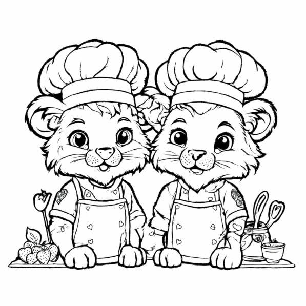 Download Two Chef Lion Cubs with Kitchen Utensils Coloring pages Online ...