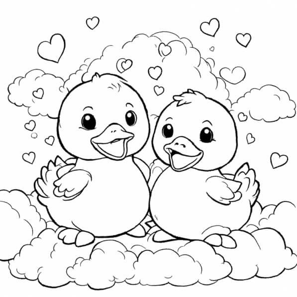 Descarga Dos patos de dibujos animados felices con corazones y nubes ...