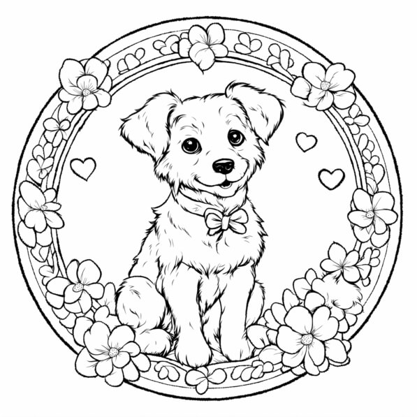 Descarga Perrito lindo rodeado de flores Páginas para colorear En Línea ...