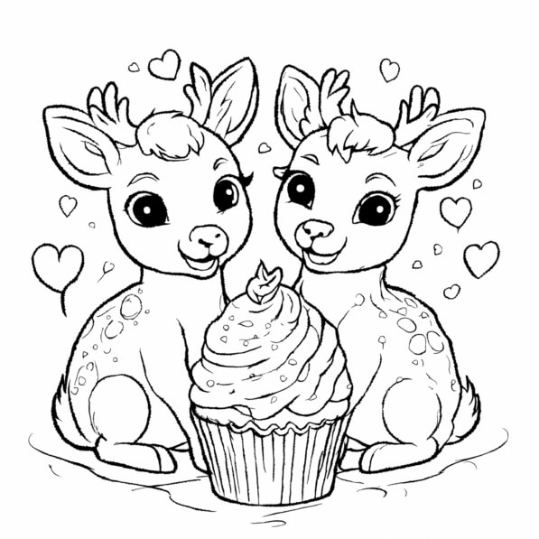 Download Cartoon Deer with Cupcake Coloring pages Online - Creative Fabrica