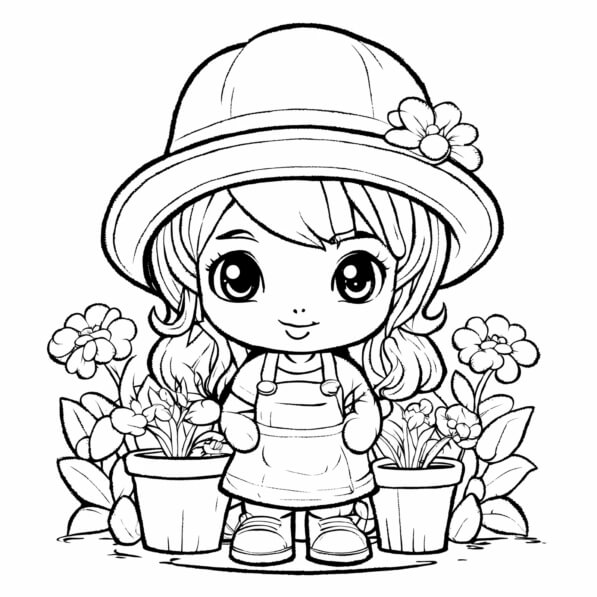 Download Cute Girl Gardening with Flowers Coloring pages Online ...