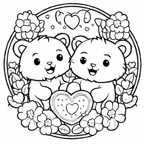 Descarga Ositos adorables con flores y corazones Páginas para colorear ...