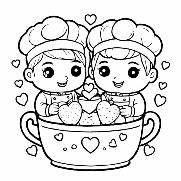 Download Cheerful Cartoon Chefs with Heart-Shaped Strawberries Coloring ...