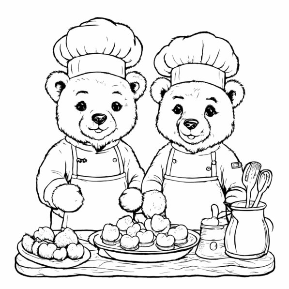 Download Cheerful Cartoon Bears as Chefs with Baked Goods Coloring ...