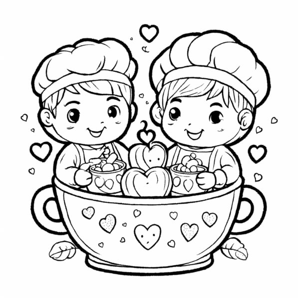 Download Cheerful Children Chefs in a Heart Decorated Cup Coloring ...