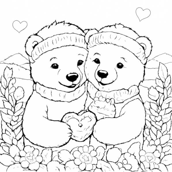 Download Two Bear Cubs in Love Coloring pages Online - Creative Fabrica