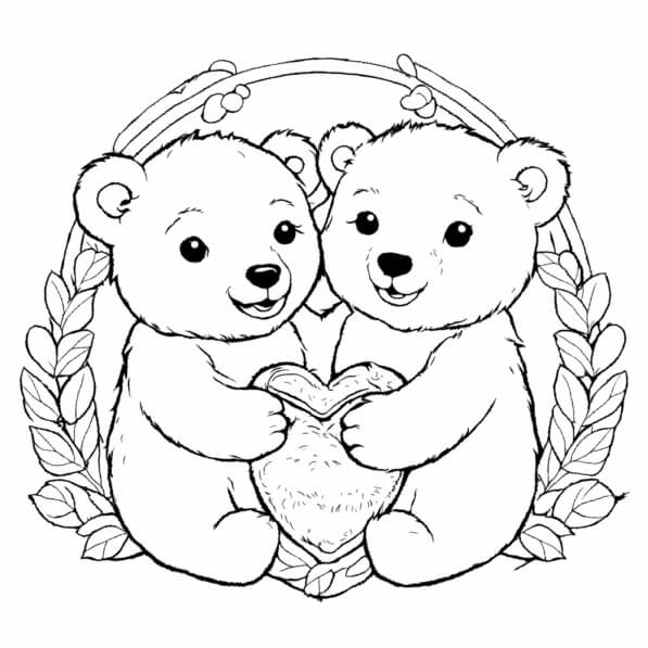 Download Two Bear Cubs Holding a Heart Coloring pages Online - Creative ...