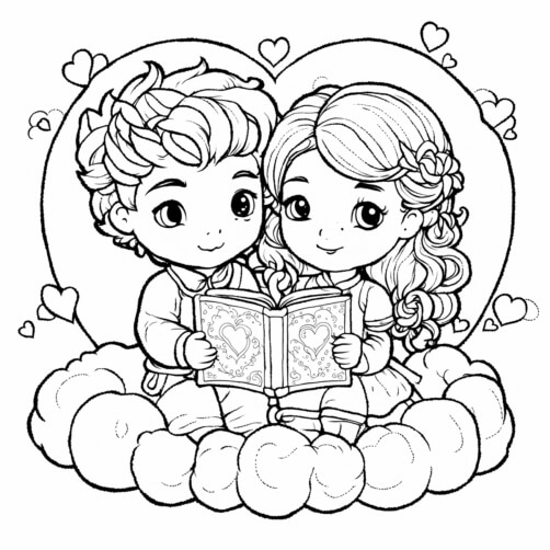 Download Cute Cartoon Characters Reading Together on a Cloud Coloring ...