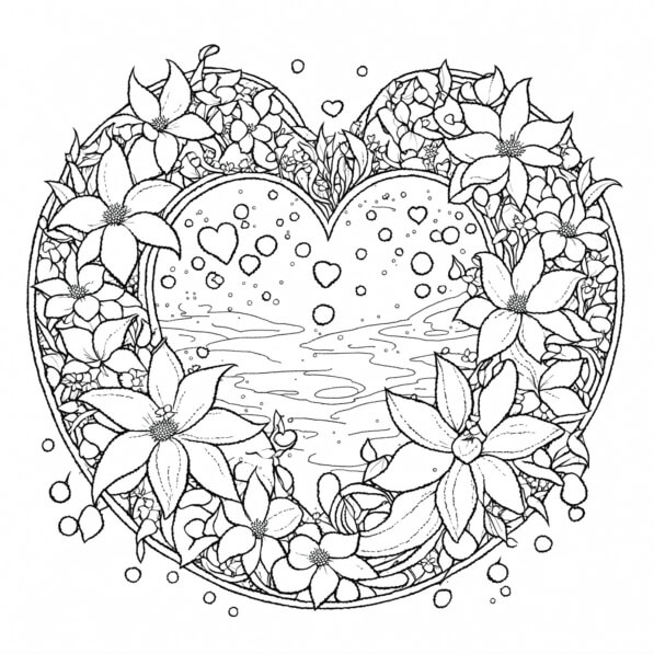 Download Floral Heart Illustration with Water Scene Coloring pages ...