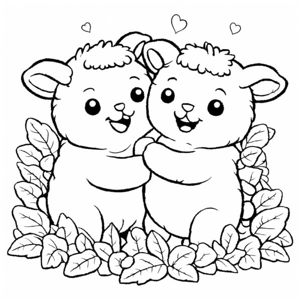 Download Two Cartoon Lambs Hugging with Leaves Coloring pages Online ...