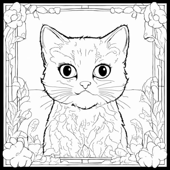 Download Line Drawing of a Cat in Floral Frame Coloring pages Online ...