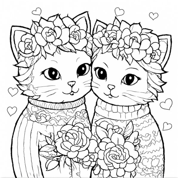Download Two Cute Cats with Floral Wreaths Coloring pages Online ...