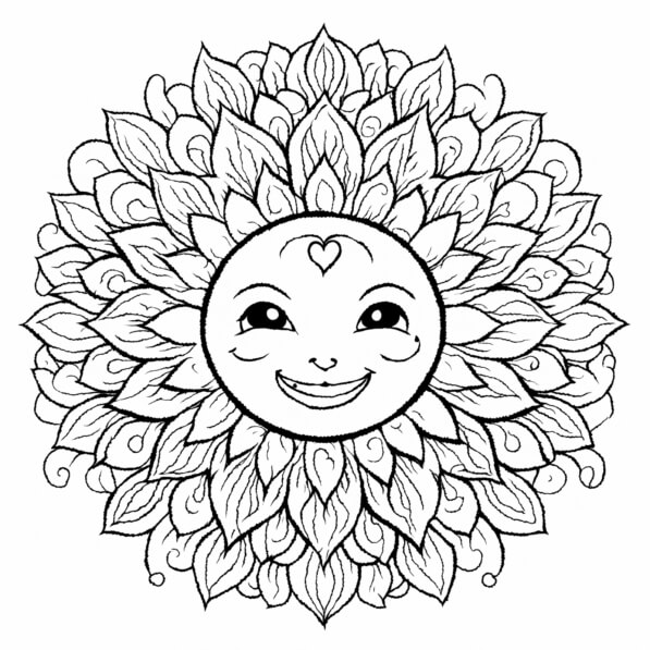 Download Whimsical Sun Illustration with Leaves Coloring pages Online ...